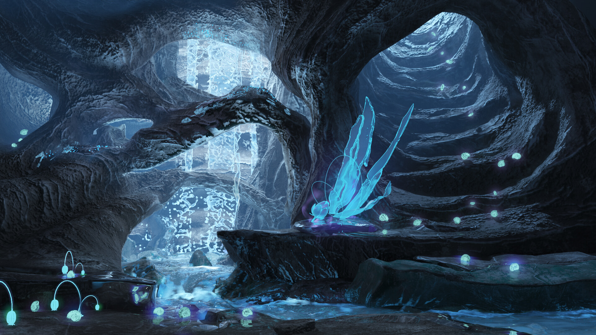 ArtStation - Fantasy cave waterfalls