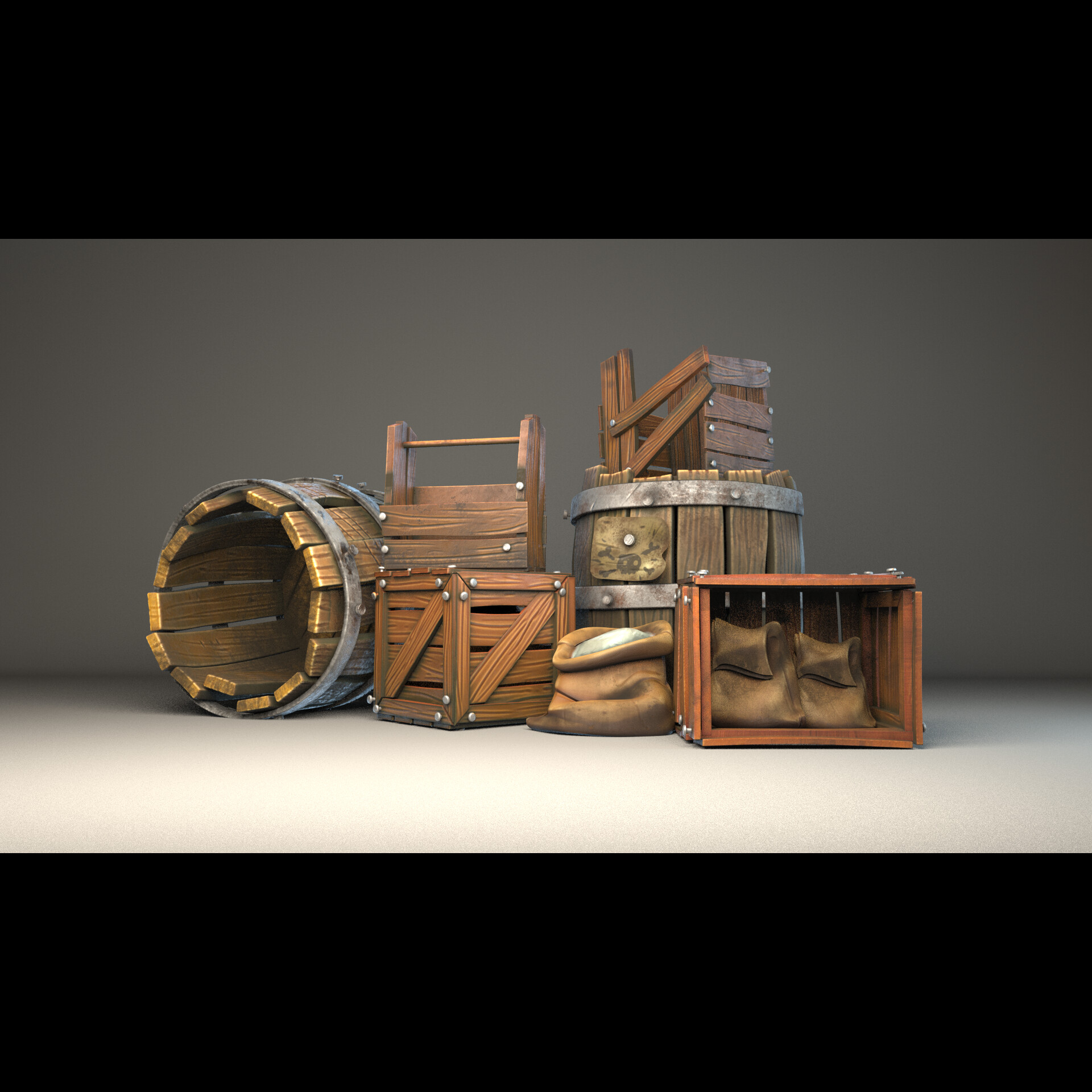 ArtStation - Prop Modeling Boxes / Barrels / Sacks