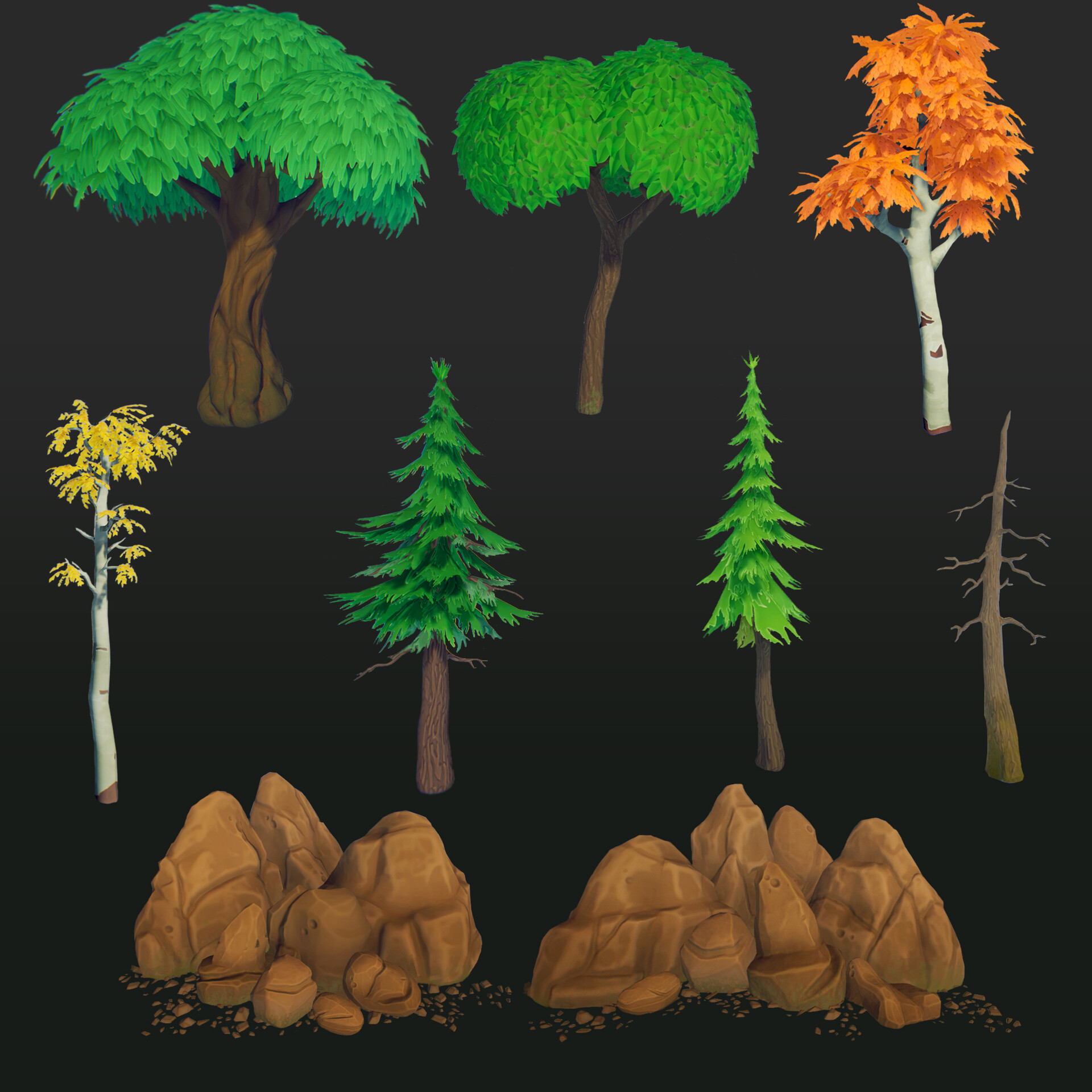 ArtStation - Stylized Trees+Bush+Rock asset!!!