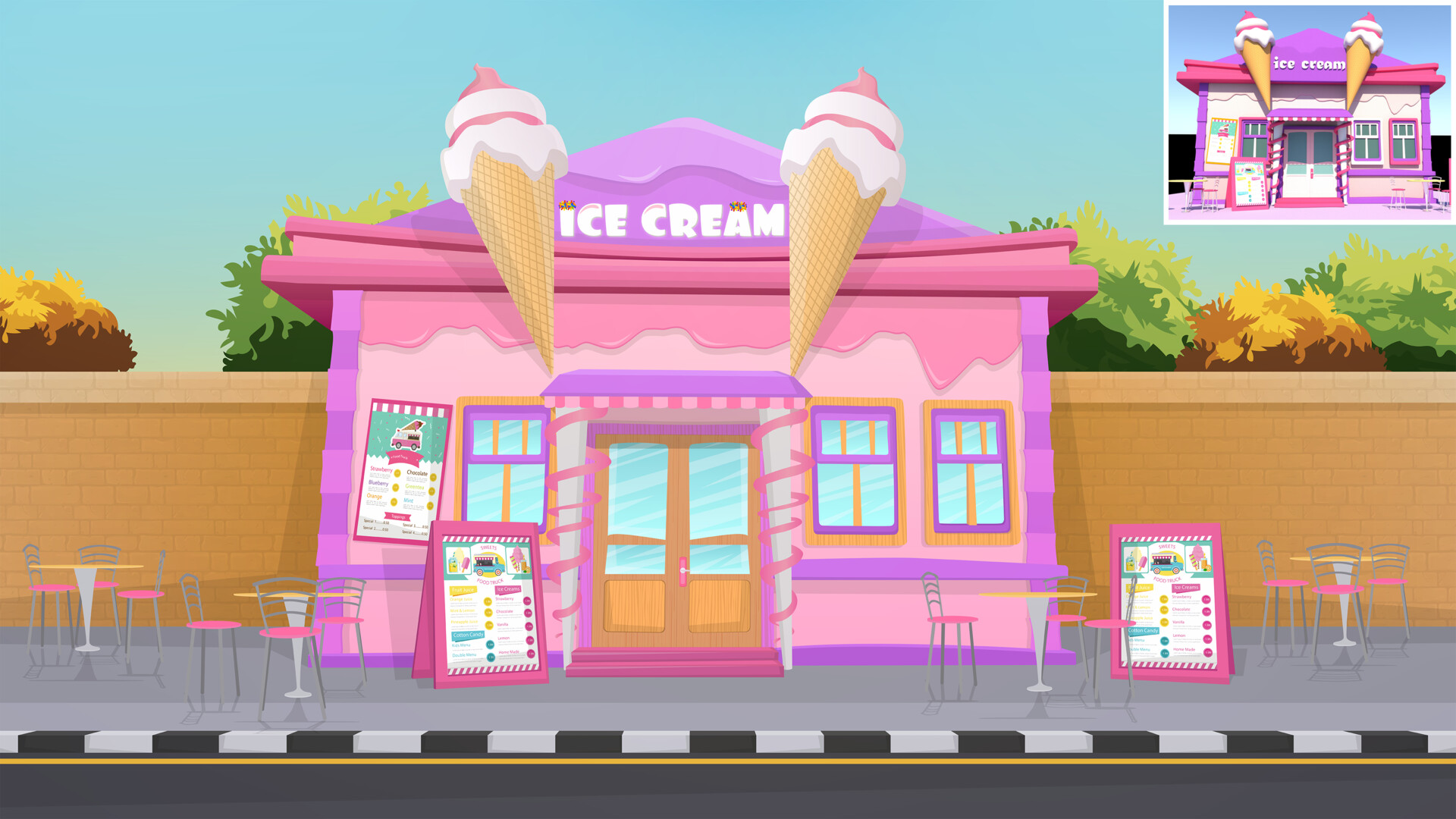 ArtStation - Ice Cream Shop - Exterior & Interior Scenery Illustration