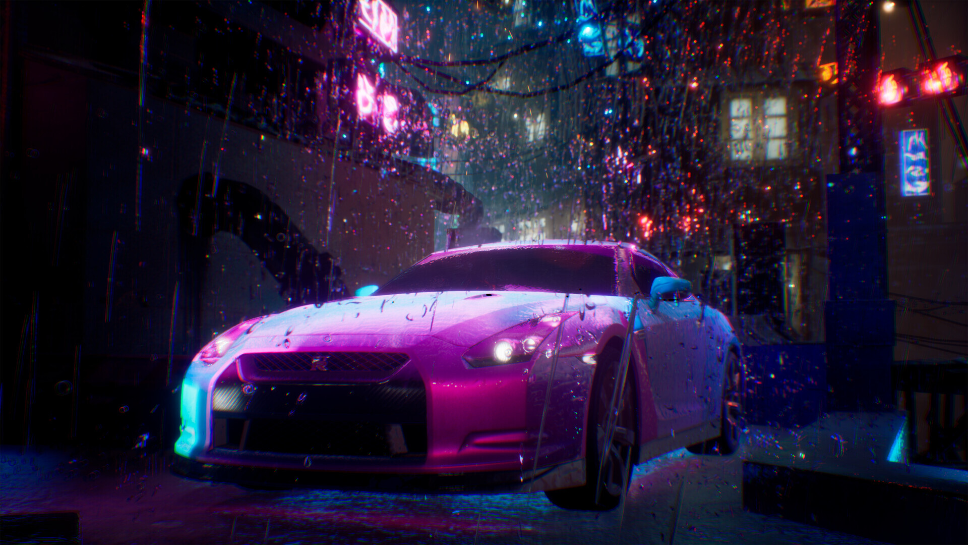 ArtStation - Nissan GTR R35 in the rain in the style of cyberpunk