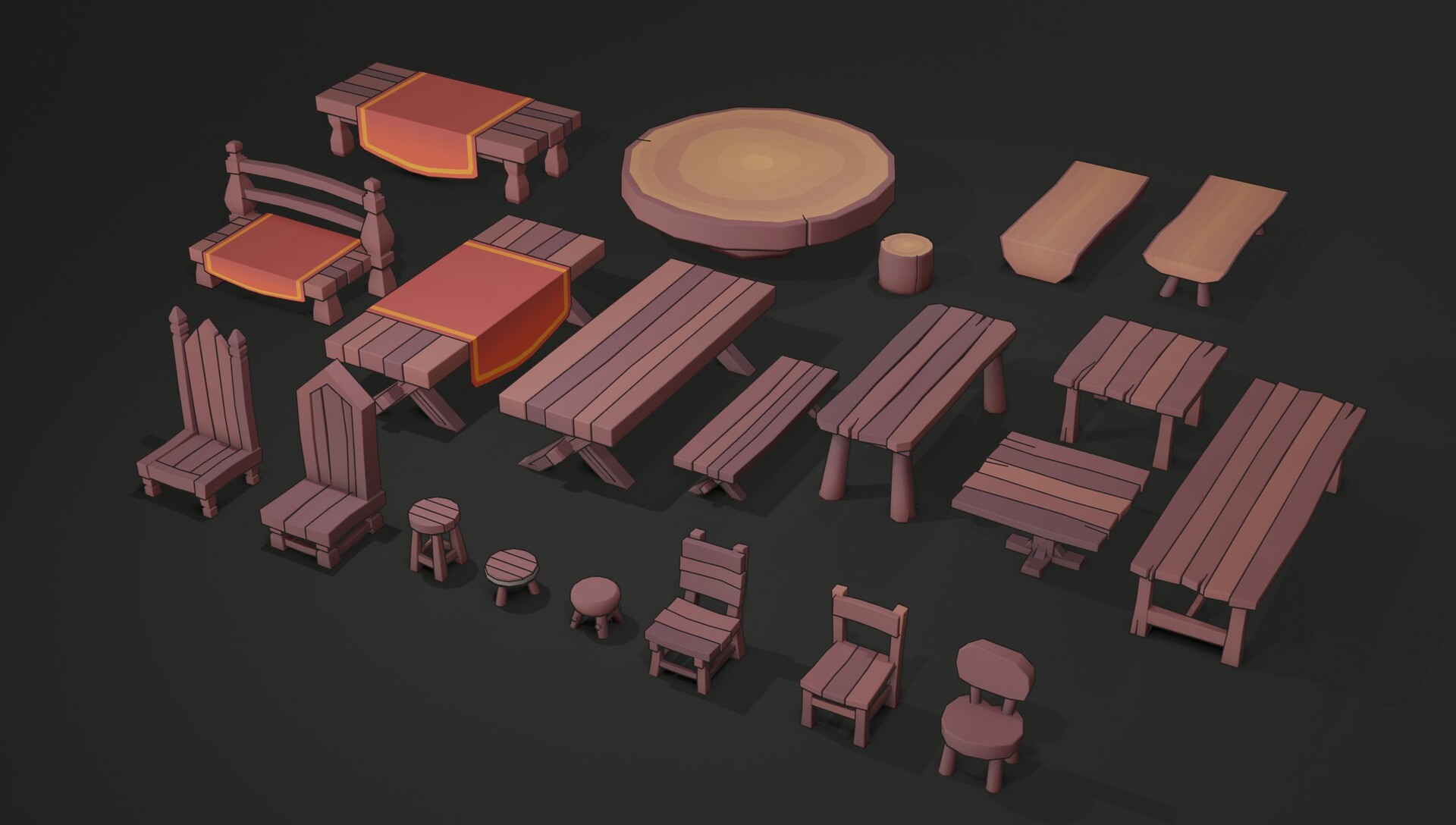 ArtStation - Wooden Tables and Chairs Pack 01