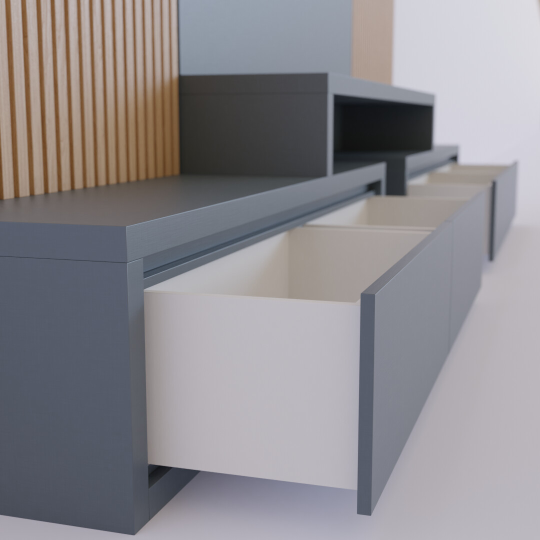 ArtStation - Painel de TV azul e madeira.