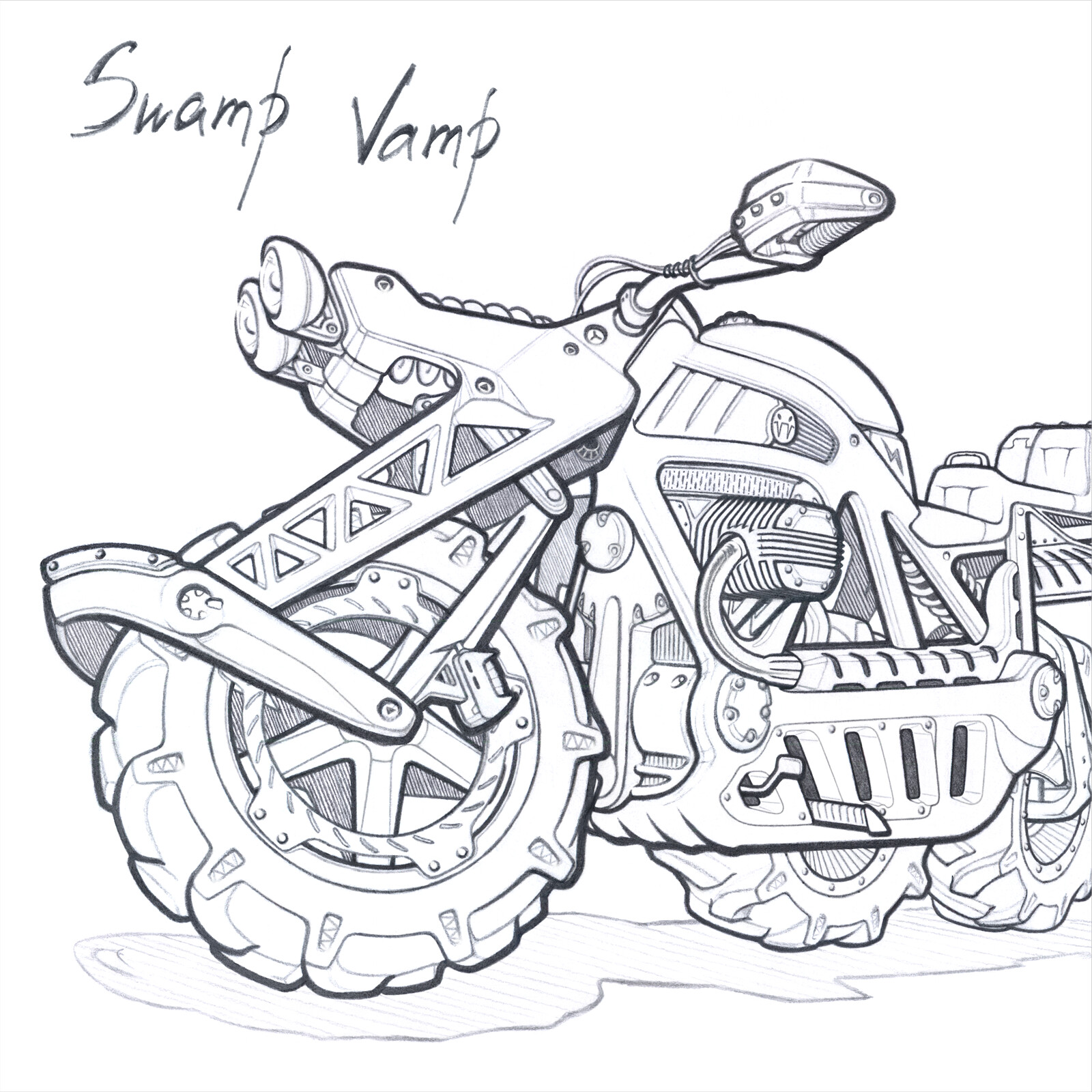 ArtStation - Swamp Vamp — 3-In-line-wheeled Moto (pencil drawing)