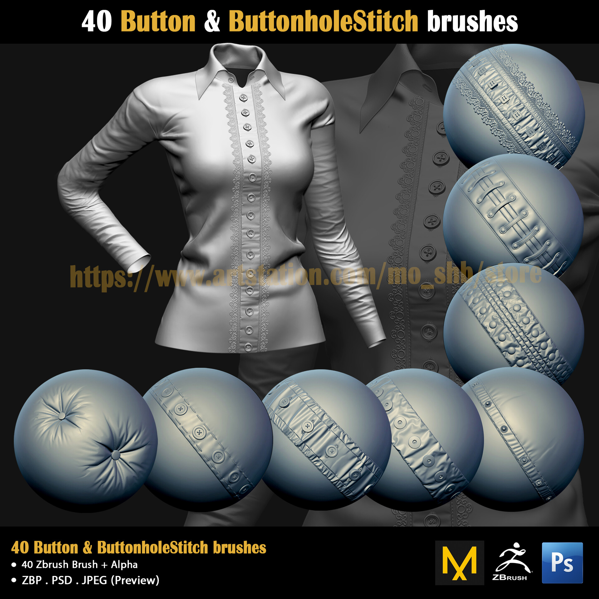 ArtStation - 40 Button & ButtonholeStitch brushes