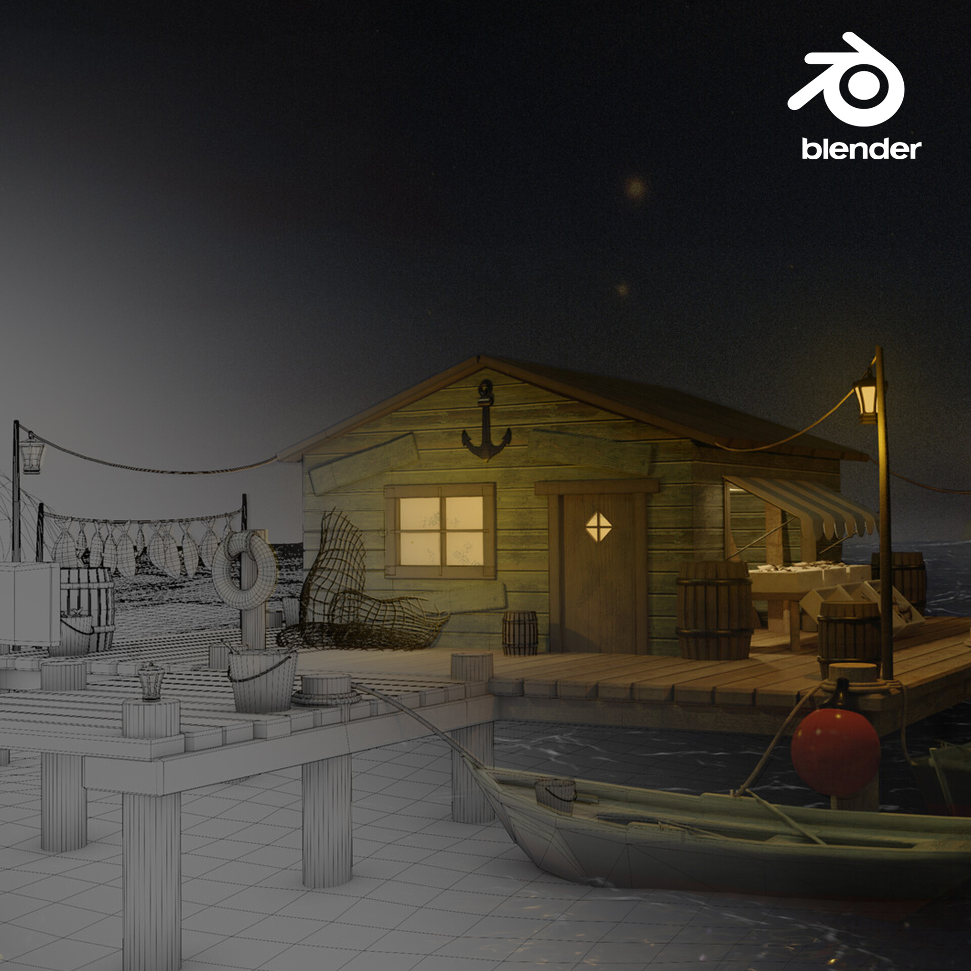 ArtStation - Fish house night scene