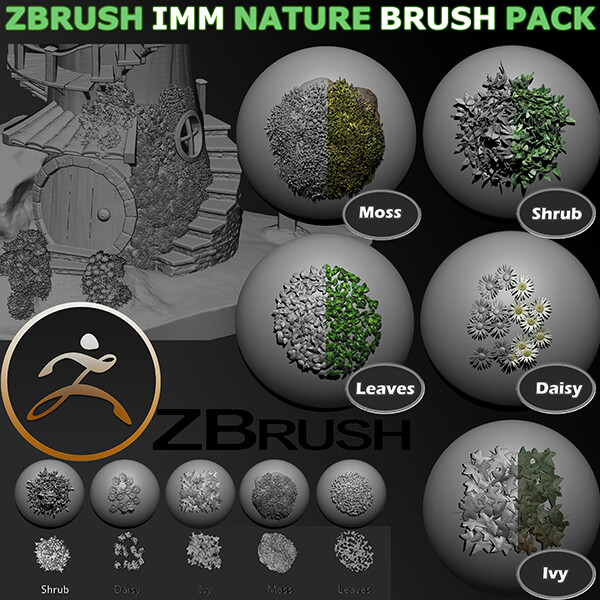 ArtStation - Zbrush Imm Nature Brush Pack Ivy Moss Leaves Shrub & Flowers