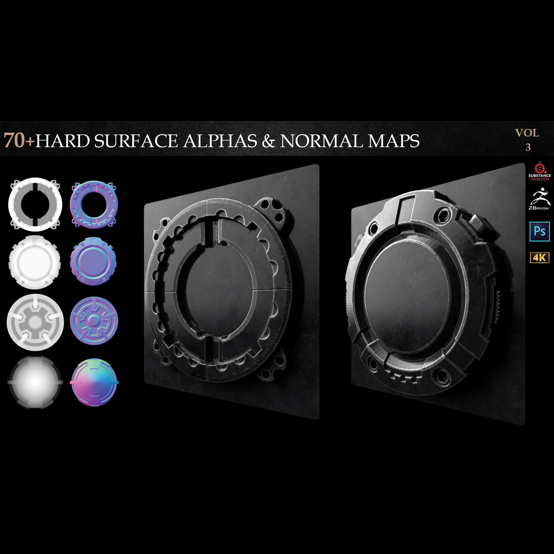 ArtStation - 70+HARD SURFACE ALPHAS & NORMAL MAPS-VOL 3