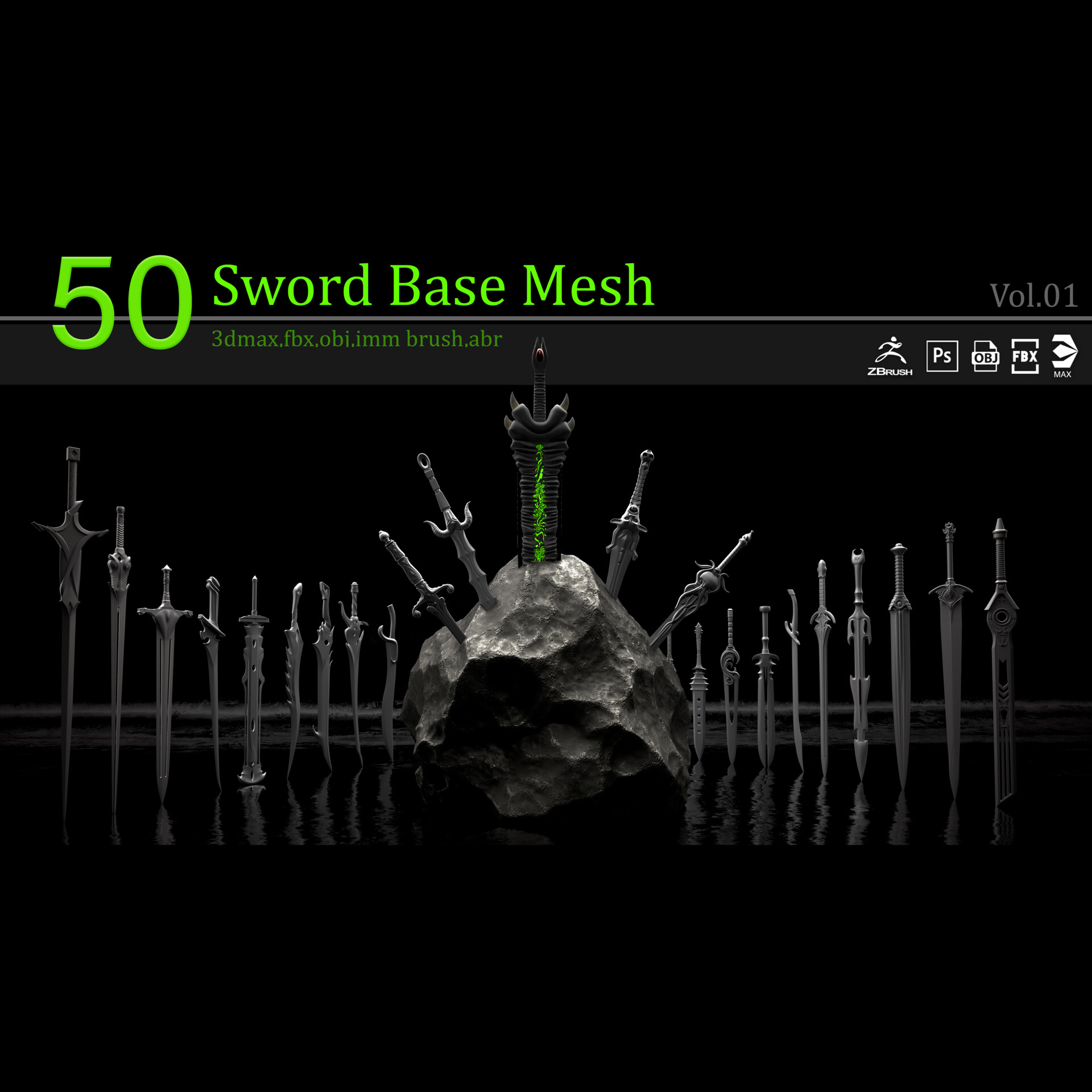 ArtStation - 50 Sword Base Mesh(Clean UV) + IMM brush + ABR brush