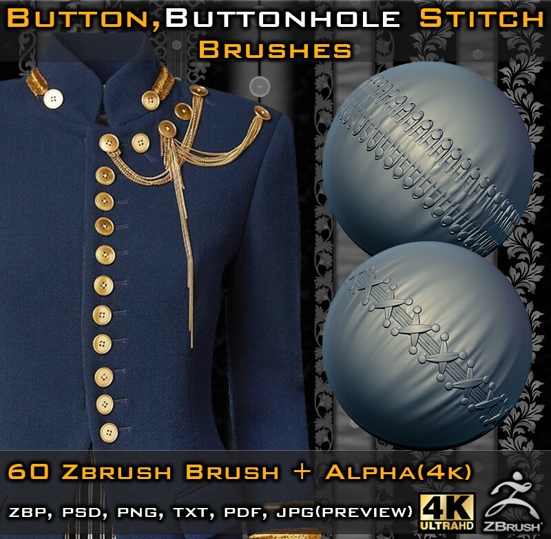 ArtStation - 60 Button and Buttonhole Stitch brushes (4K) +Alpha -Vol 01