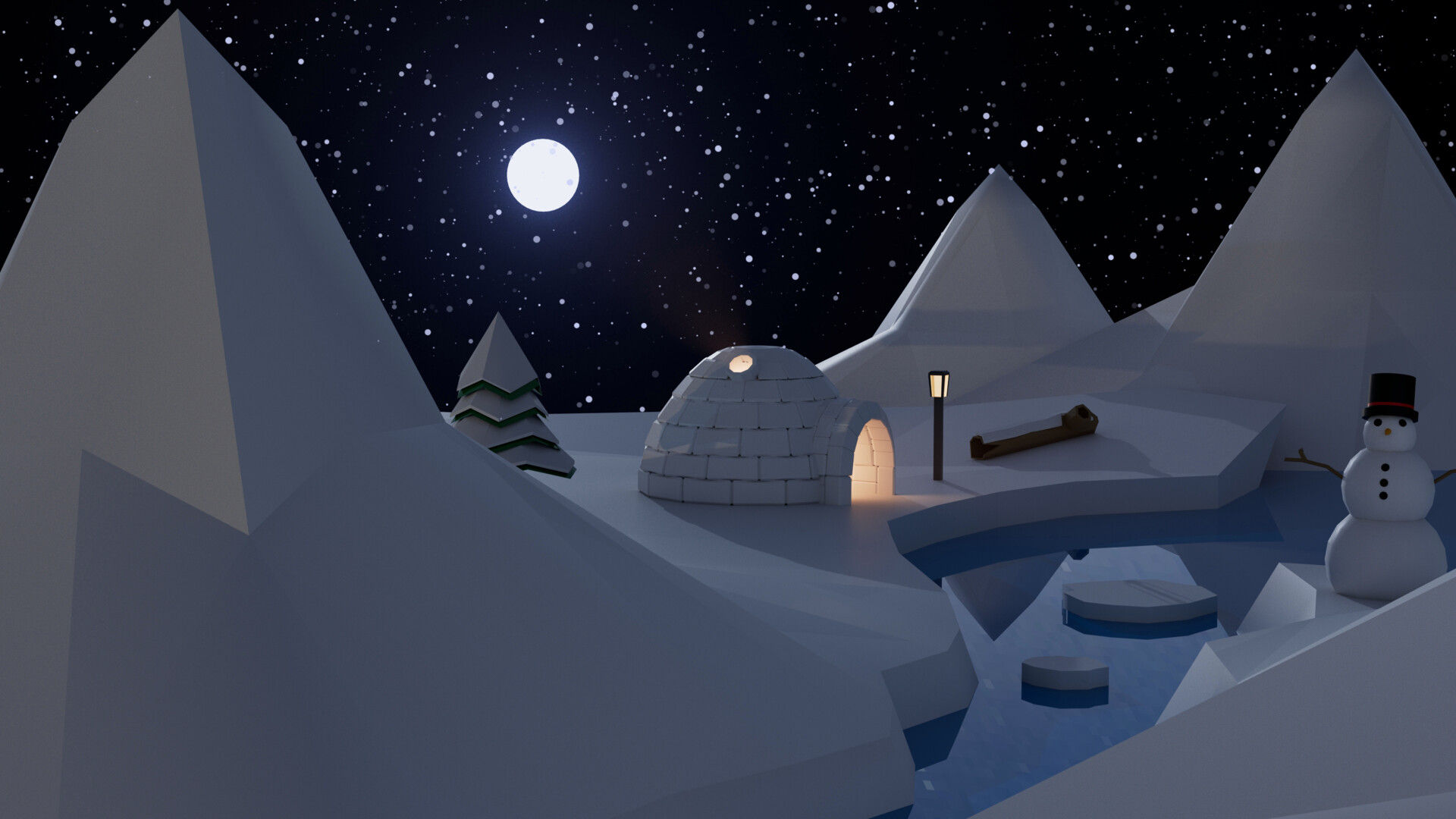 ArtStation - Low poly snowy night
