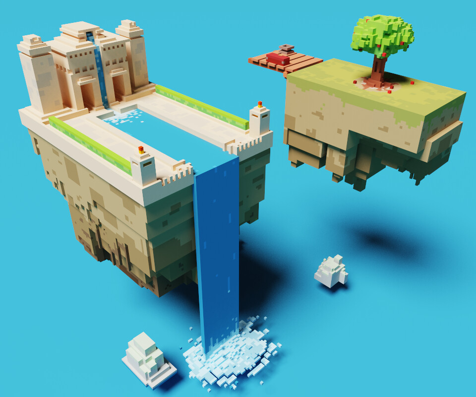 ArtStation - Voxel Environment (waterfall temple)