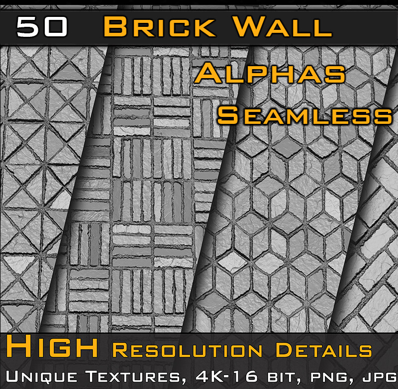 ArtStation - 50 Seamless Brick Wall Alphas (4k- 16bit )
