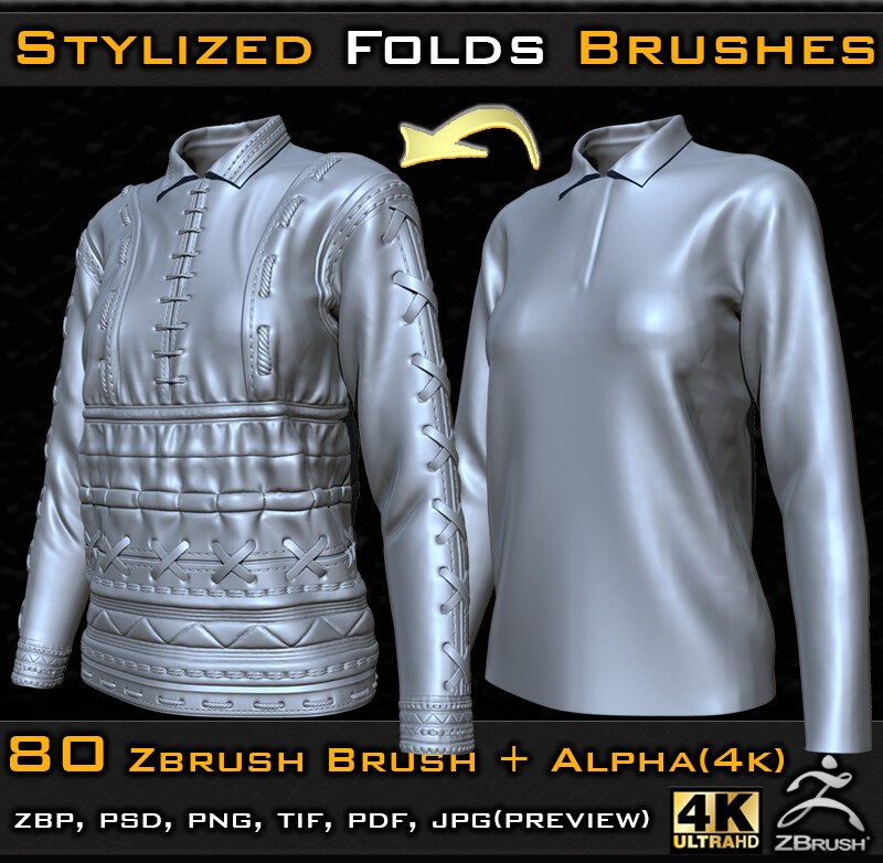 ArtStation - 80 Stylized Fold and Seam, Stitch Brushes & Alpha (4k-16bit )