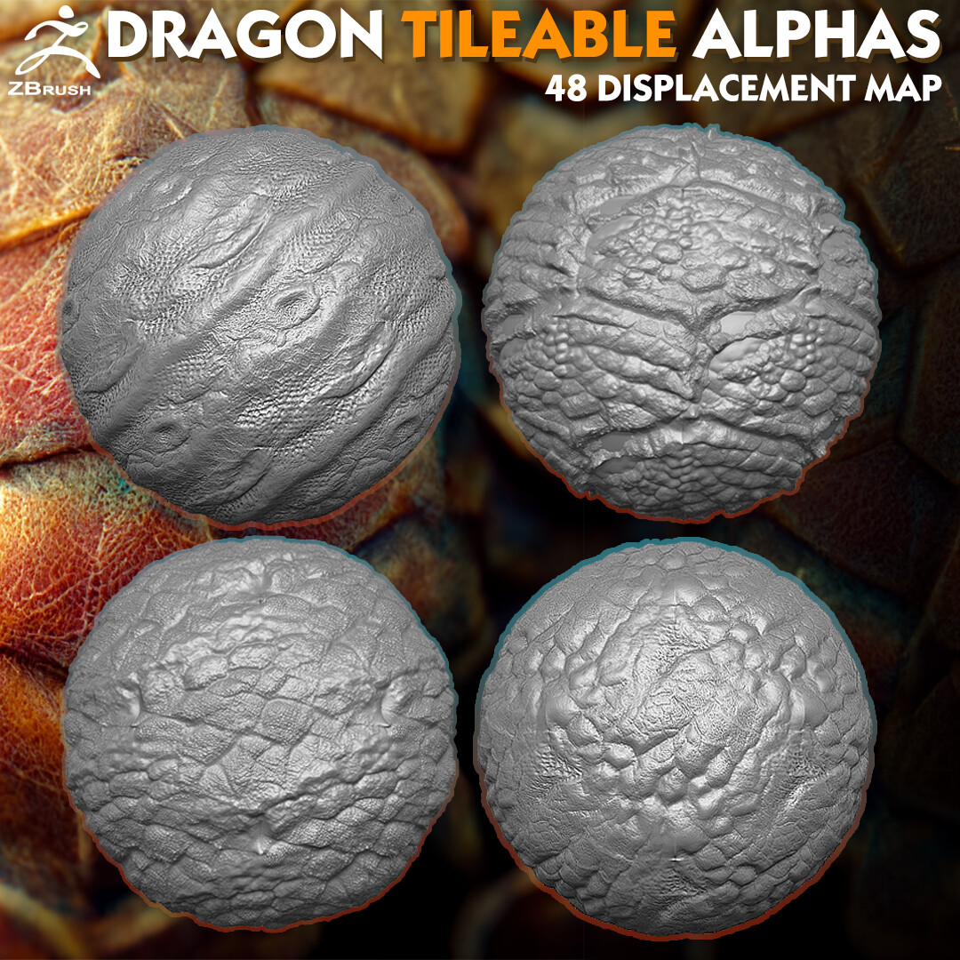 ArtStation - 40+ Dragon Skin Tileable Alphas for ZBrush vol.2