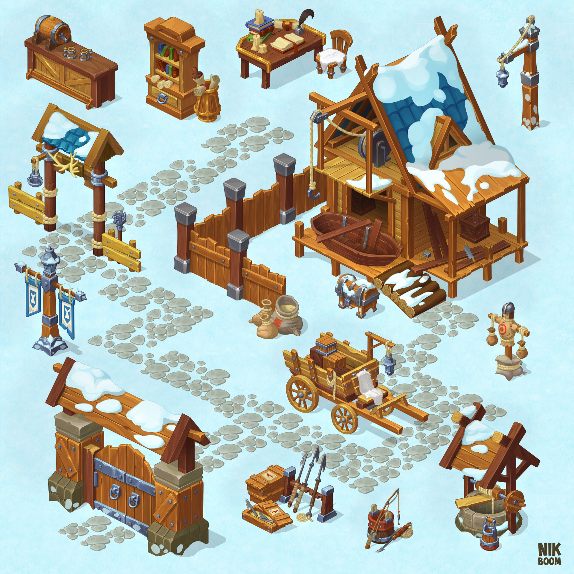 ArtStation - Sketches of the environment in isometry + render of props