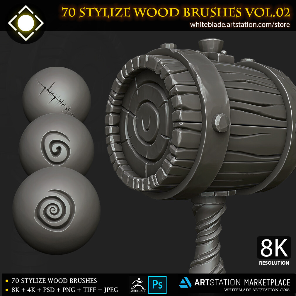 ArtStation - 70 Stylize Wood Brushes and 8K Alphas Vol.02 - ZBrush 4R8+