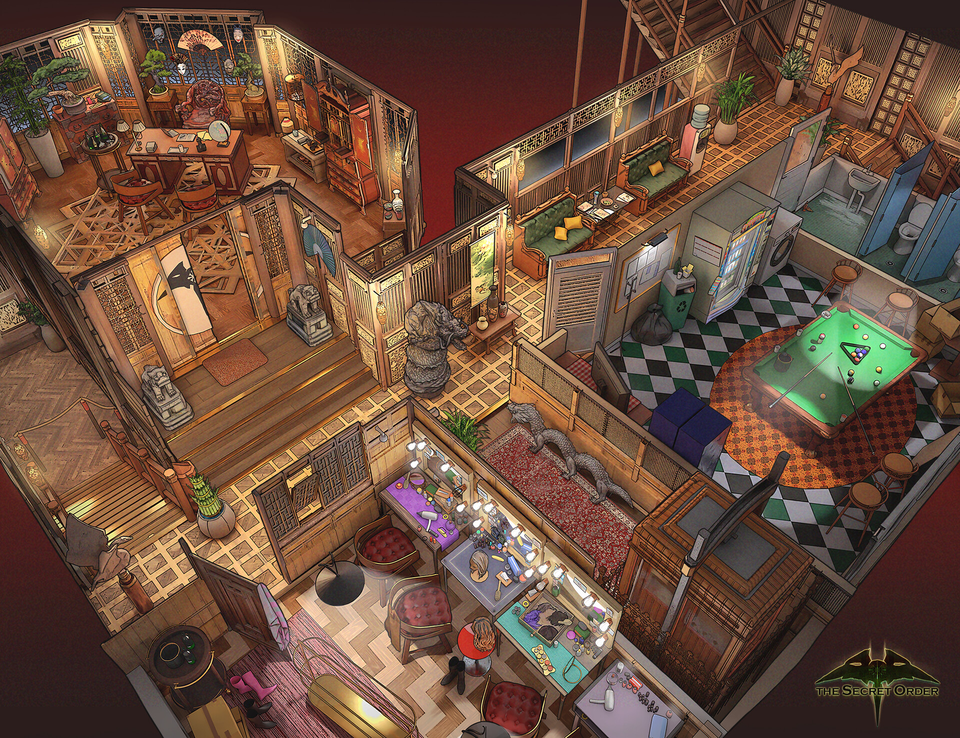 ArtStation - Secret Order - Office, lair and bar top view