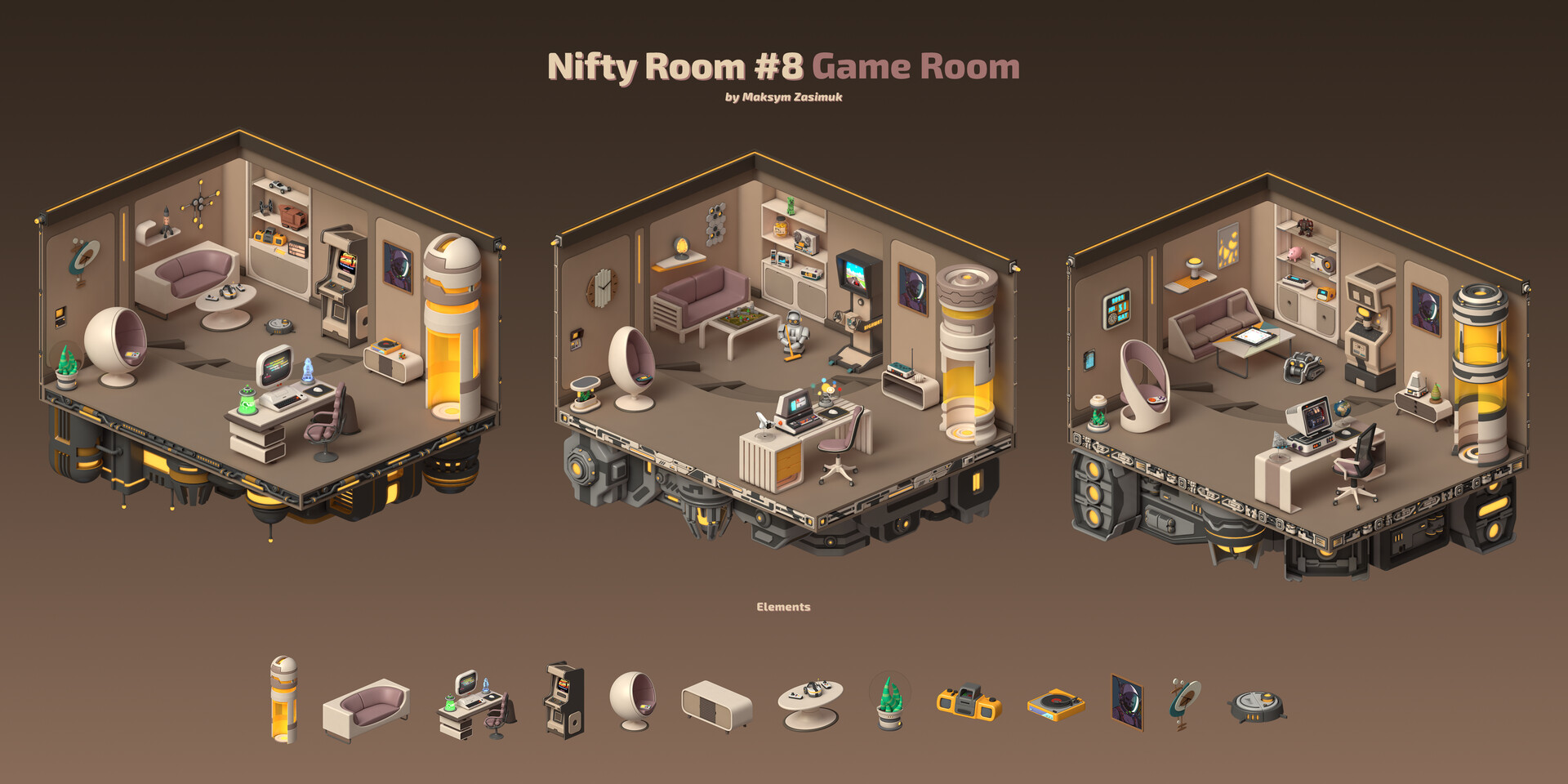 ArtStation - Retro Futuristic Isometric Rooms Series: Room #8 Game Room