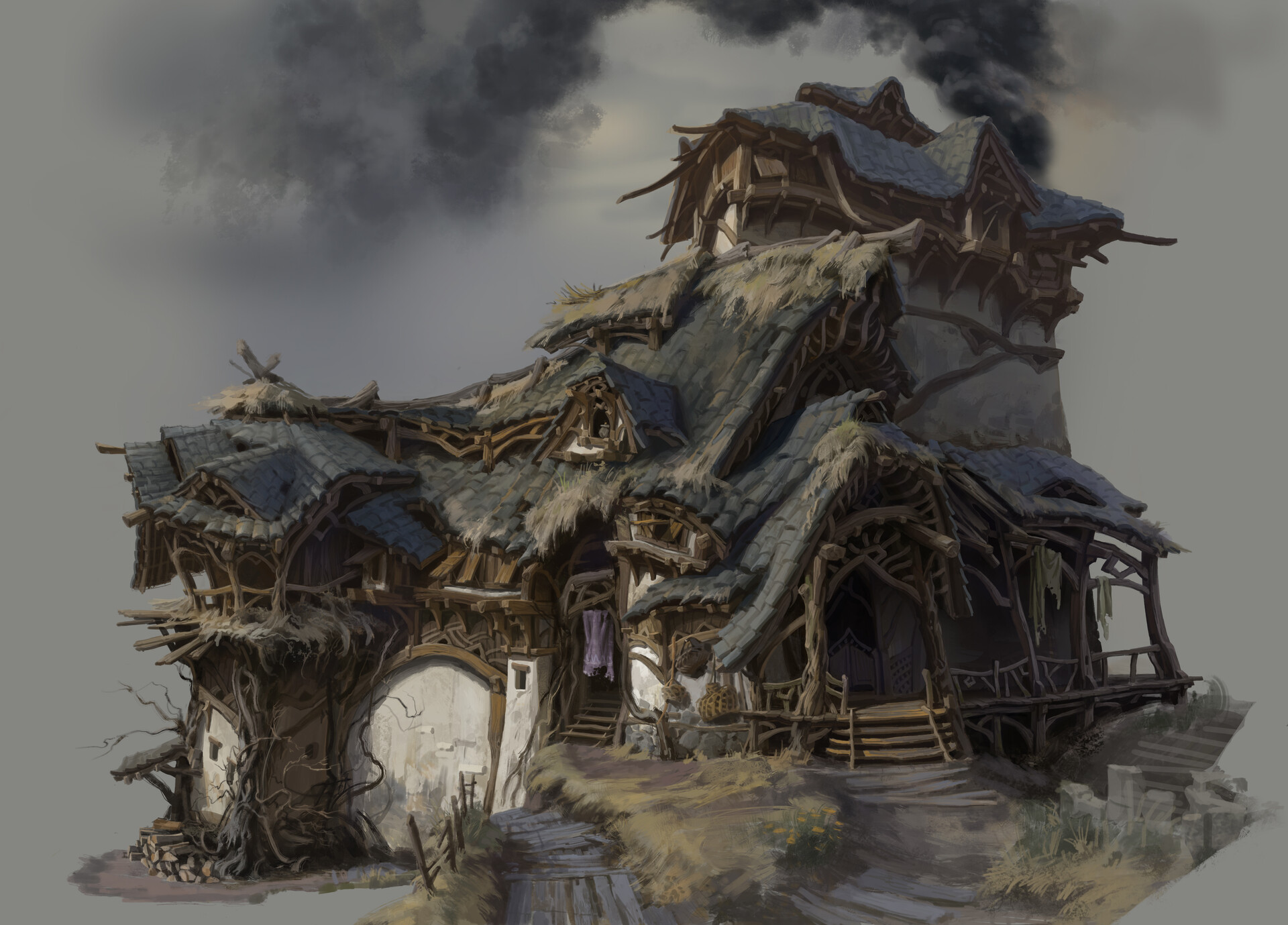 ArtStation - Medieval dilapidated house黑死病村庄建筑练习