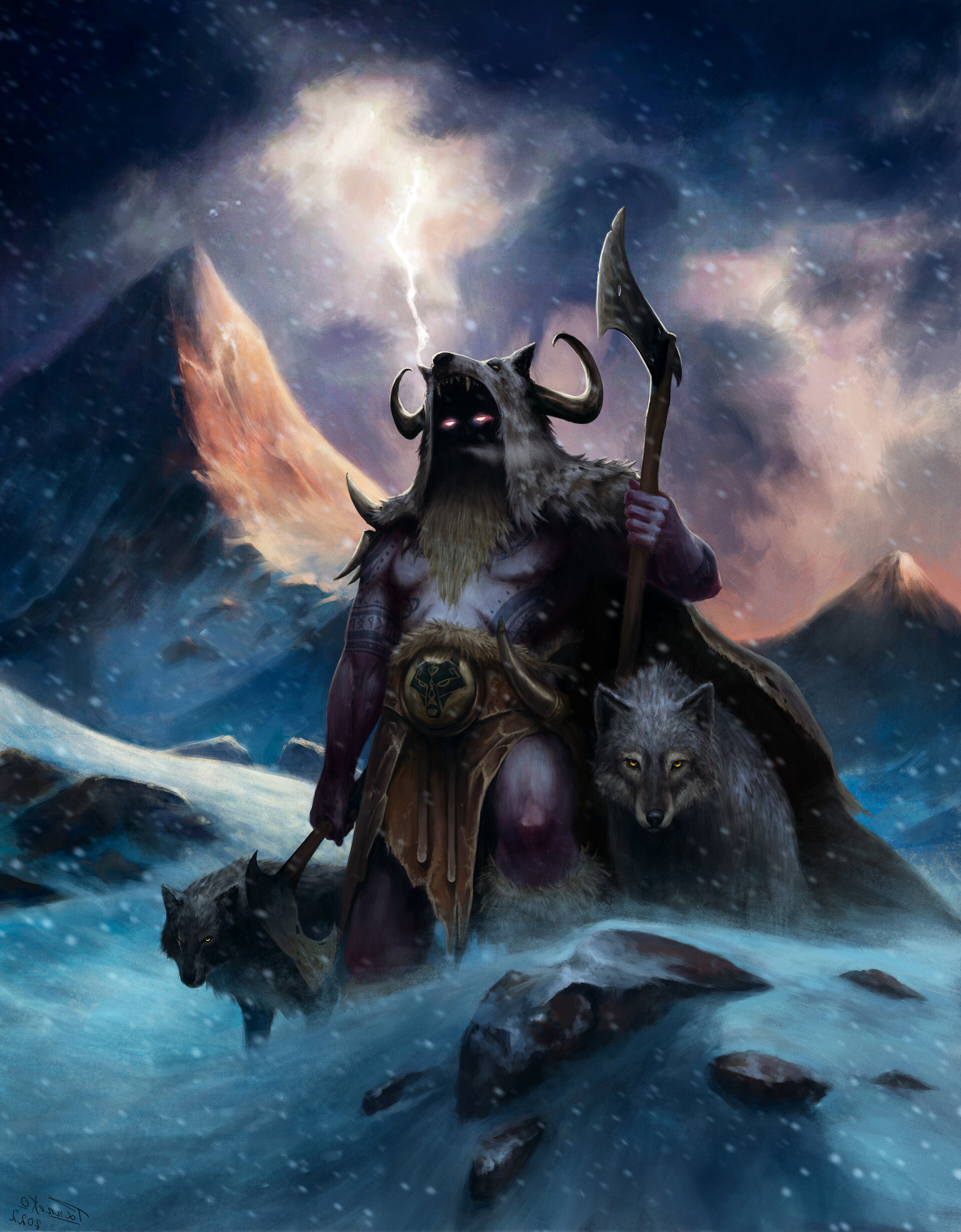 ArtStation - North Barbarian and his wolves