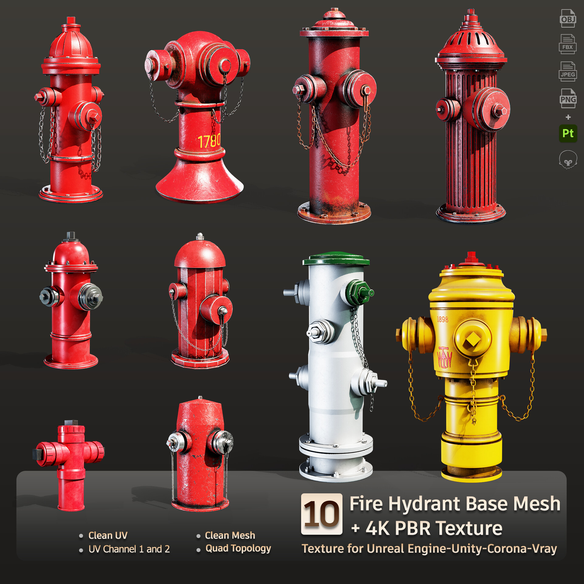 ArtStation - 10 Fire Hydrant Base Mesh + 4K PBR Texture