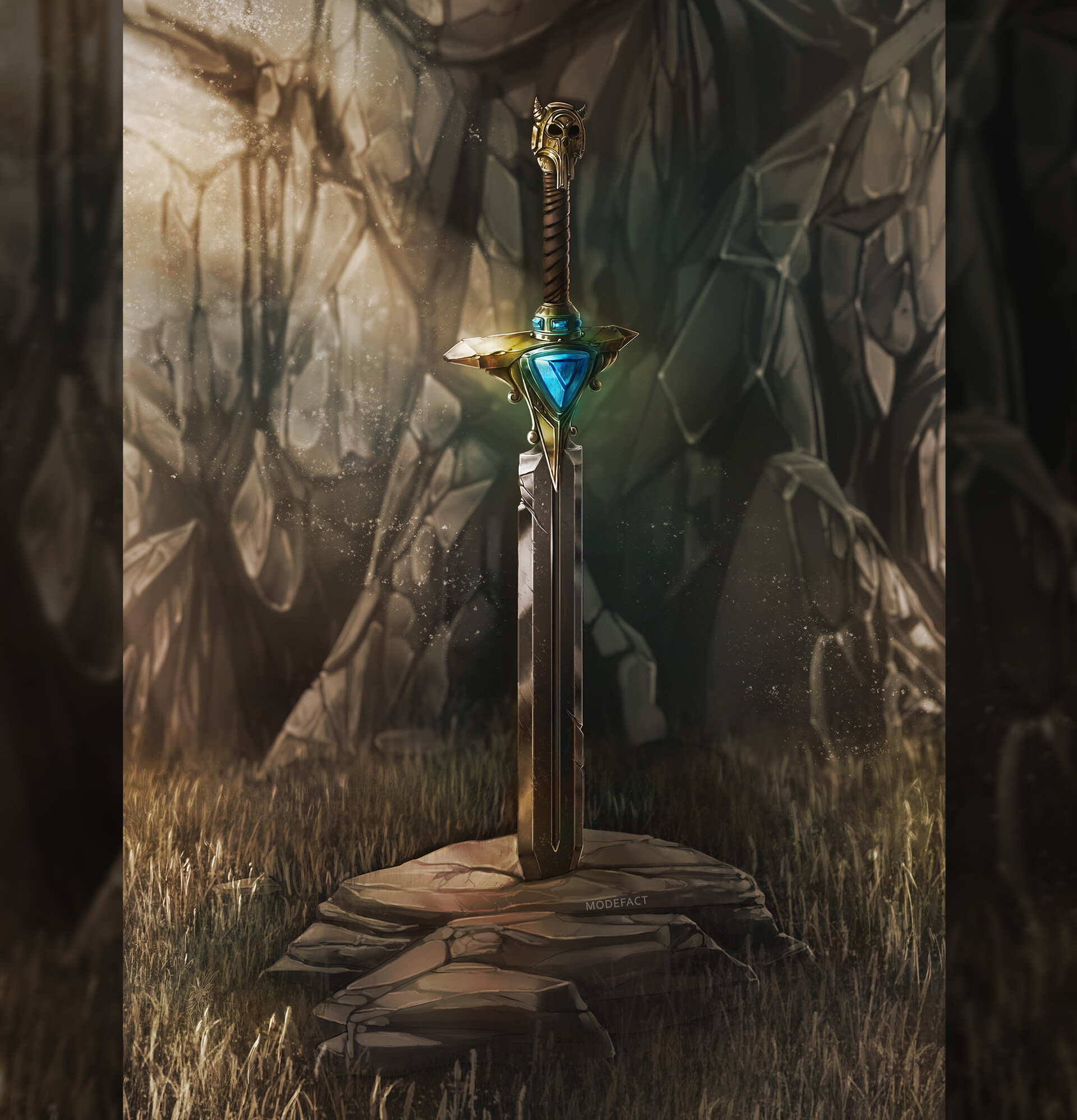 ArtStation - sword planted in a rock, on a sunset