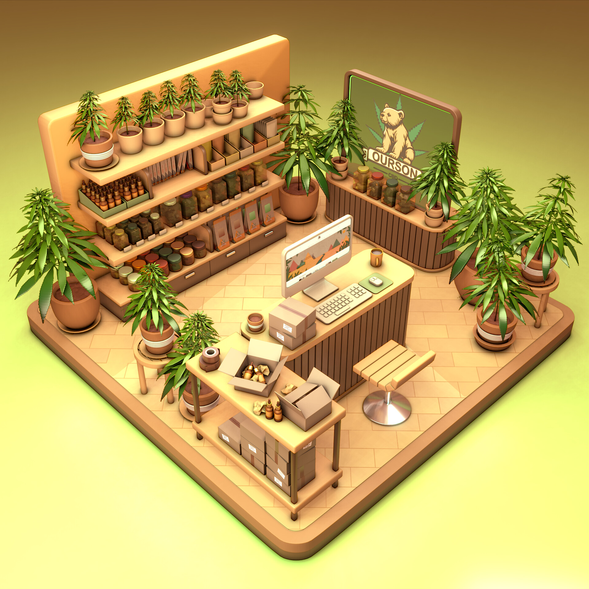 ArtStation - animated workshop diorama of an online cbd store