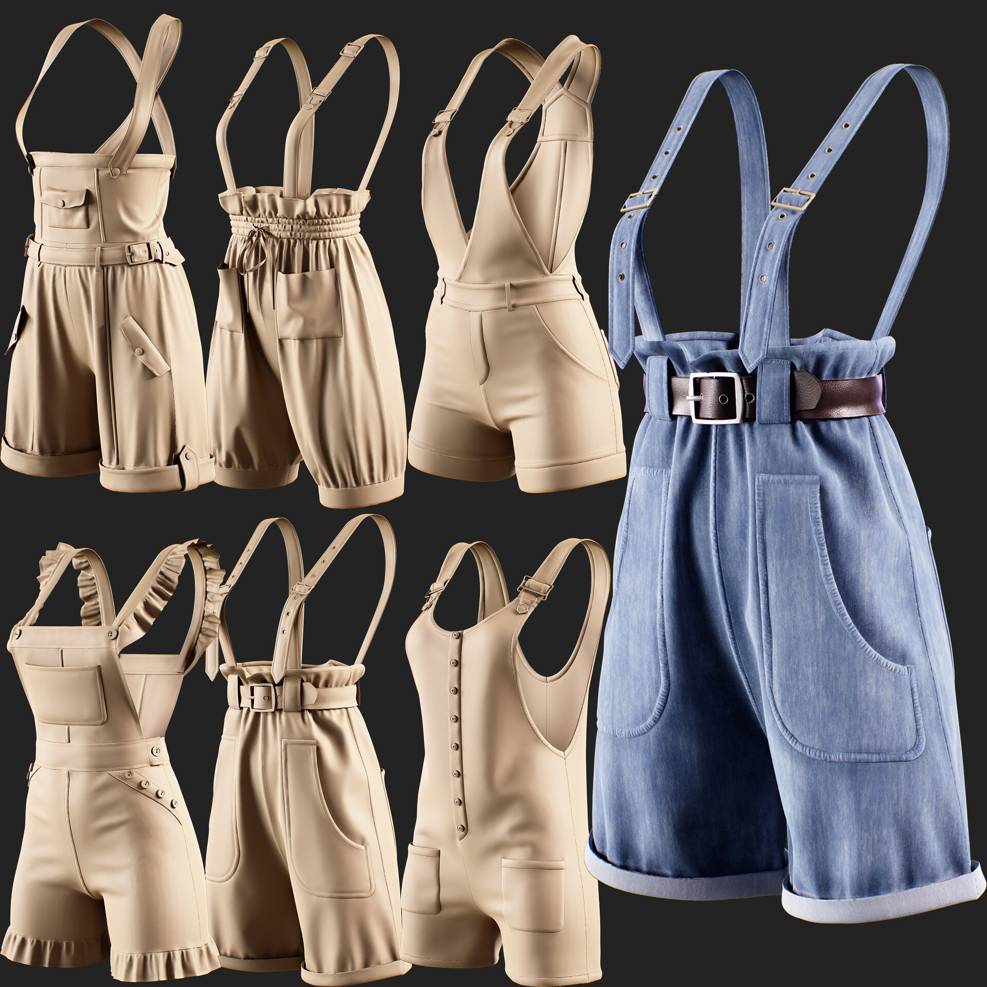 ArtStation - 6 Women Overall Shorts-Marvelous Designer/Clo3D