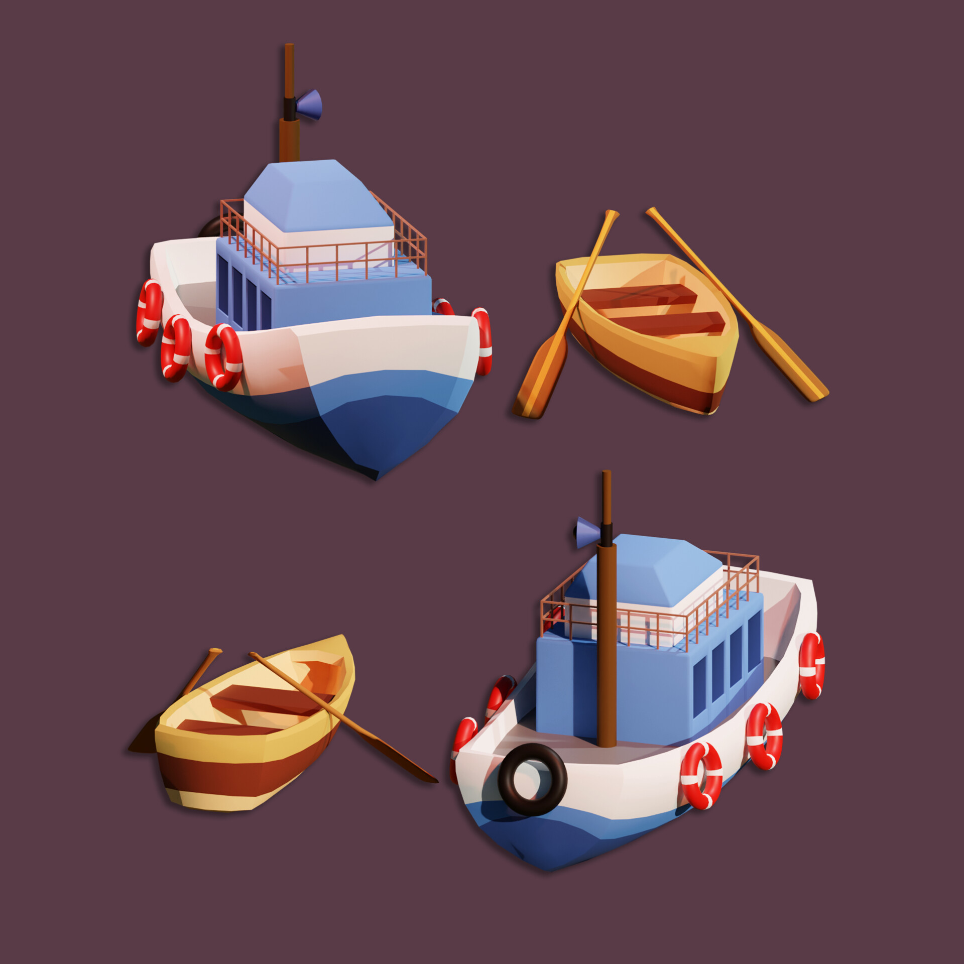 ArtStation - Low Poly Rowboat and Tugboat Game Assets