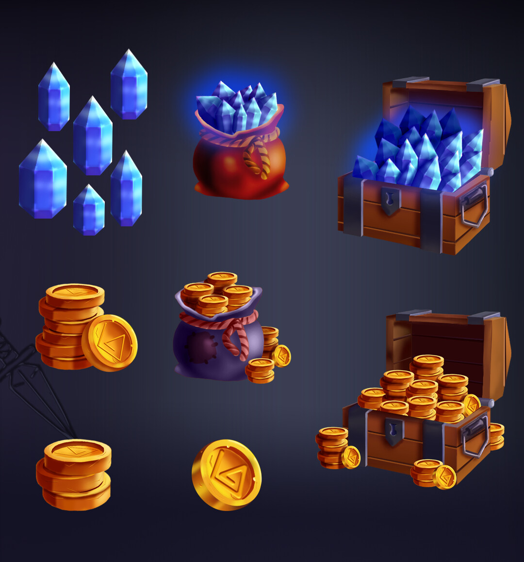 ArtStation - Game art - icon, items for the store (coins and crystals)
