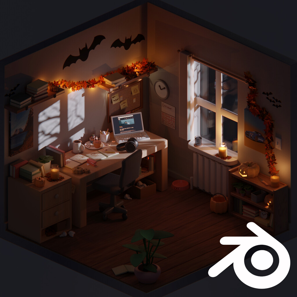ArtStation - Cozy Halloween Night - Isometric Room