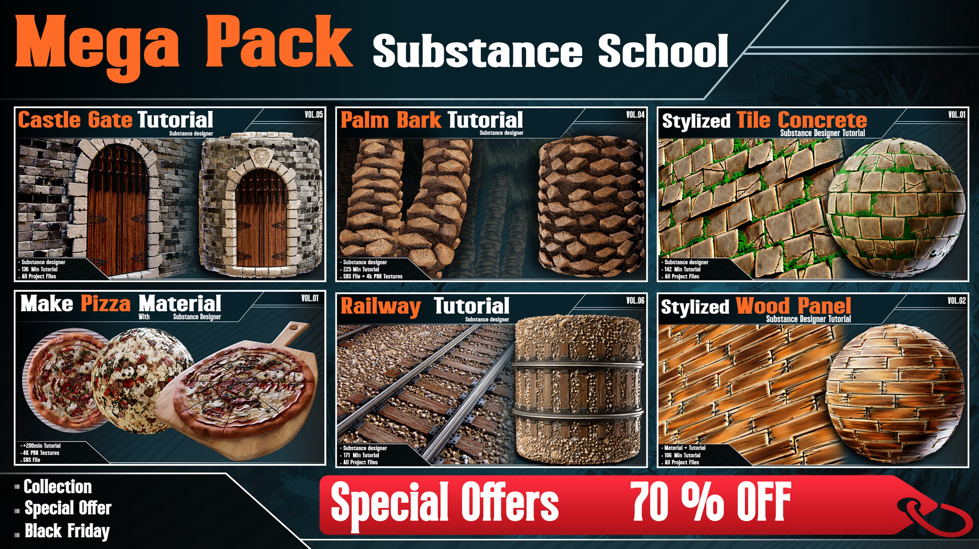 ArtStation - Mega Pack Substance School +1000 min Tutorial ( Over 70 % OFF ) - 6 in 1