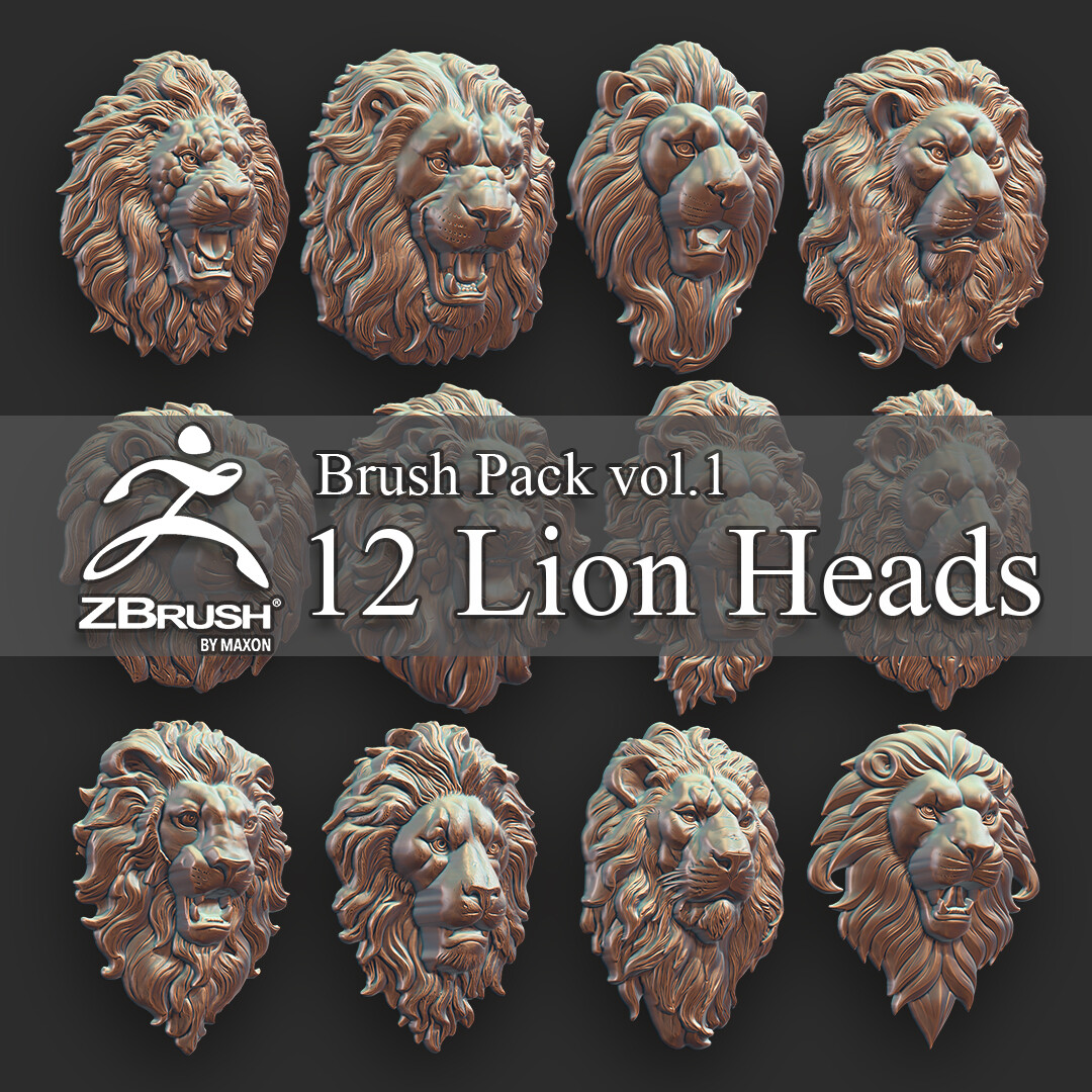 ArtStation - 12 Lion heads 4K 32 bit Height/Displace/Alpha maps for ZBrush