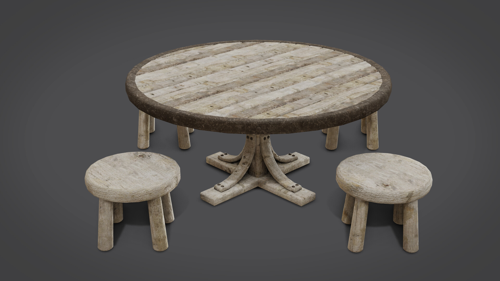 ArtStation - Medieval Round Wooden Table & Stools