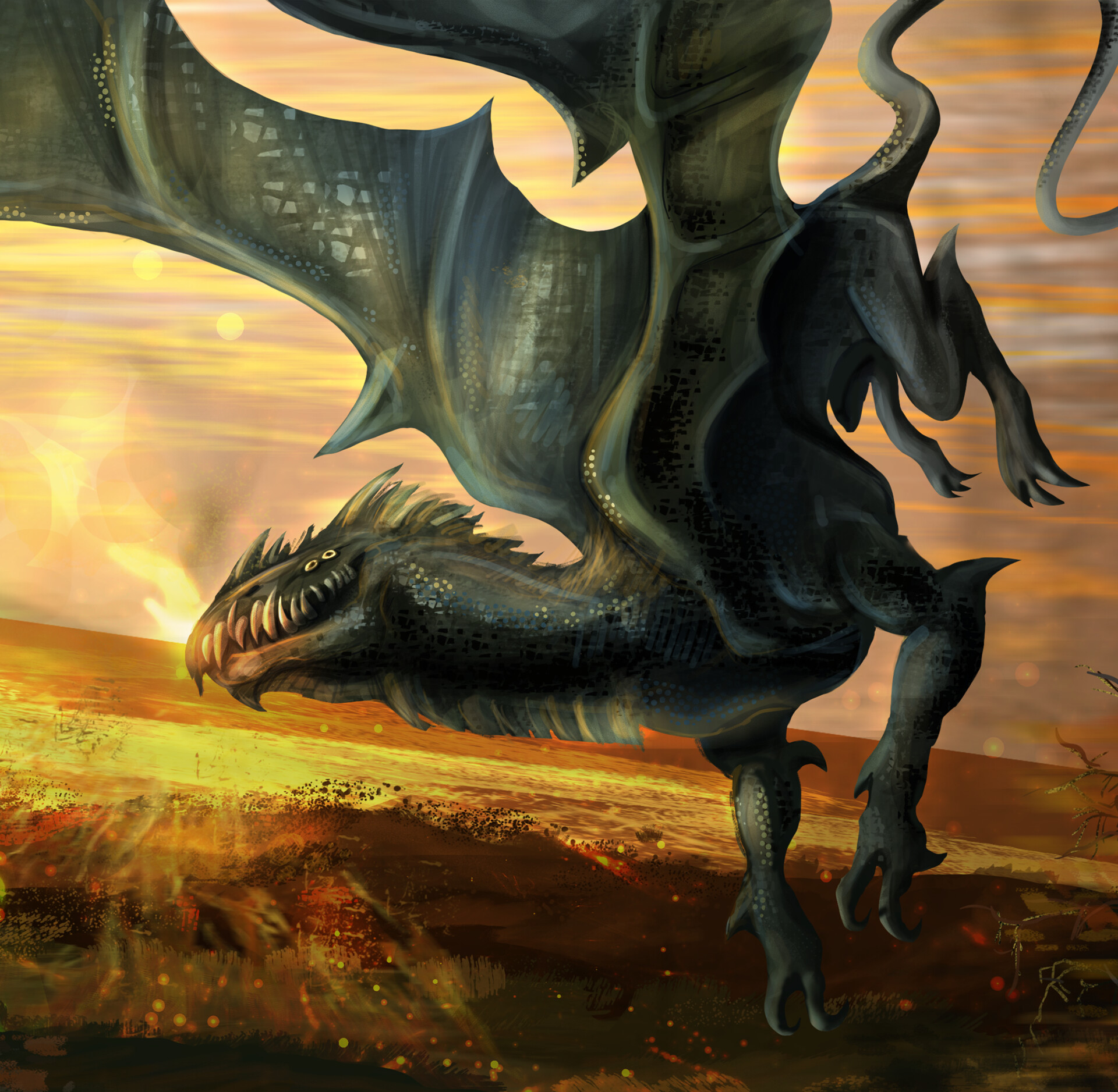 ArtStation - A fiery, green dragon. Attack on the castle!