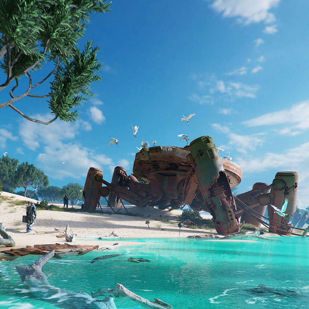 ArtStation - Robot wreckage on the beach