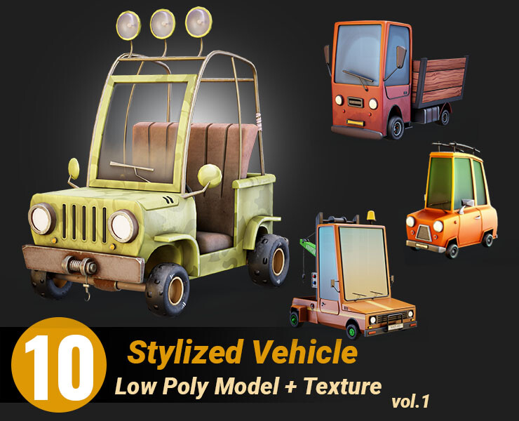 ArtStation - 10 Stylized vehicles low poly 3d model + PBR Textures