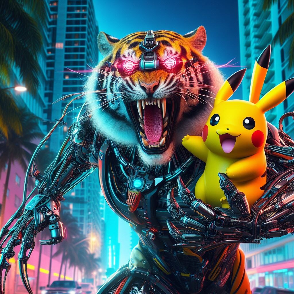 ArtStation - Cybernetic tiger with Pikachu in Miami DALL-E