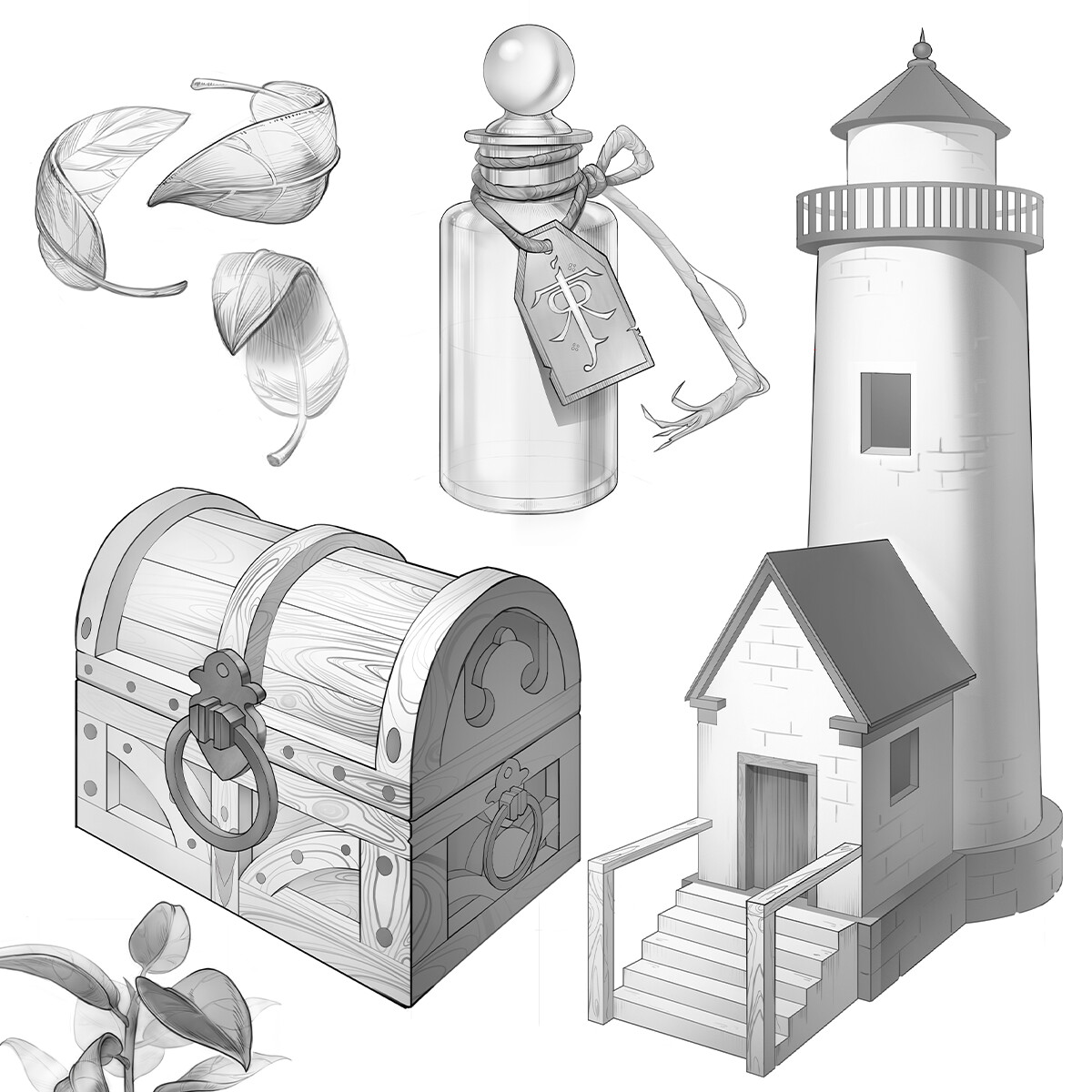 ArtStation - Studies: perspective, construction, simple nature forms, hatchings