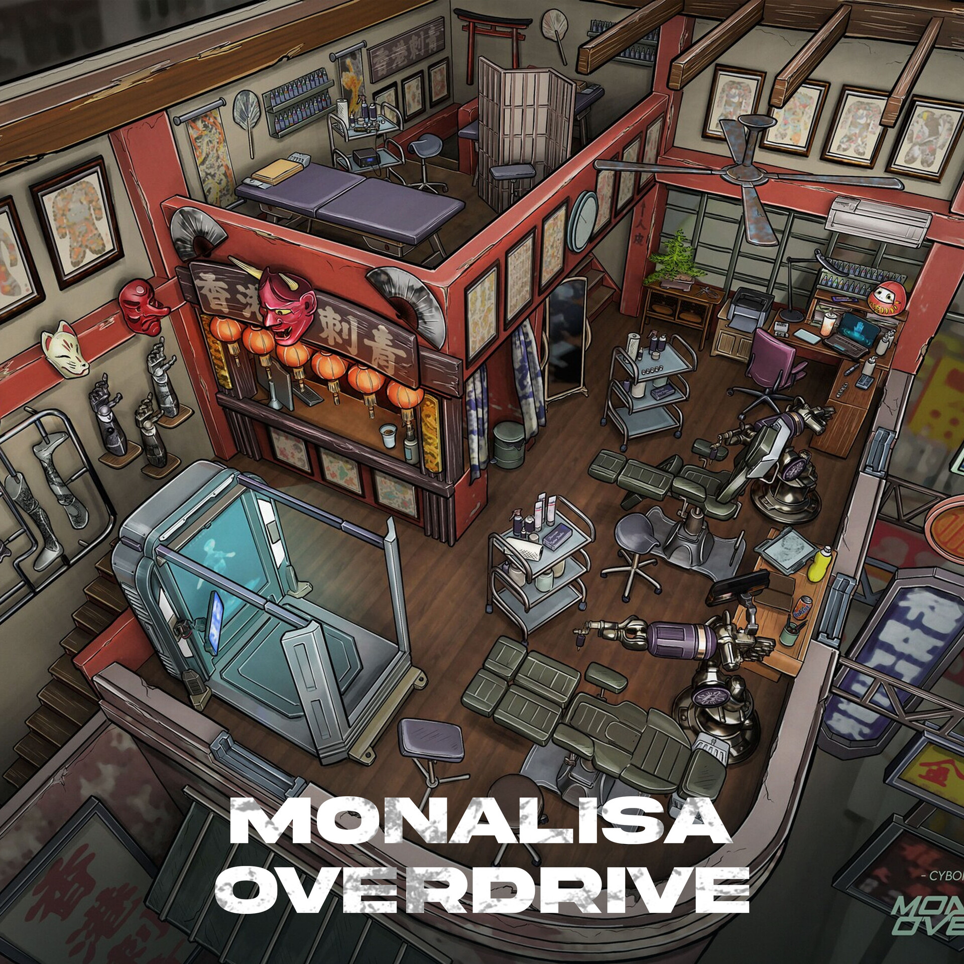 ArtStation - Mona Lisa Overdrive - Cyborg Tattoo Studio Cutaway