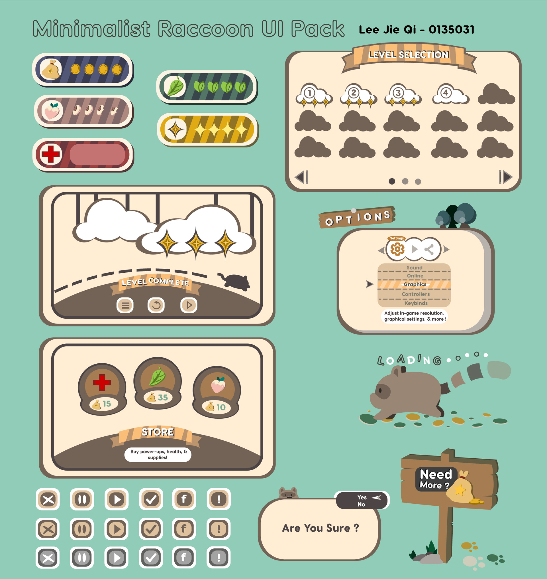 ArtStation - game ui design assignment - minimalist raccoon