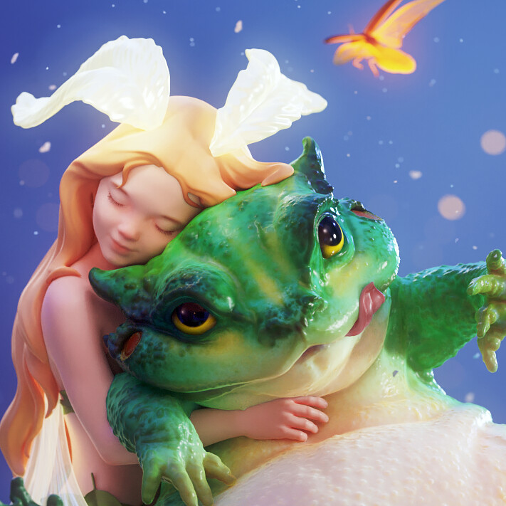 ArtStation - Whimsy's Hug ( A cute young fairy girl hugging an adorable chubby frog on a ...