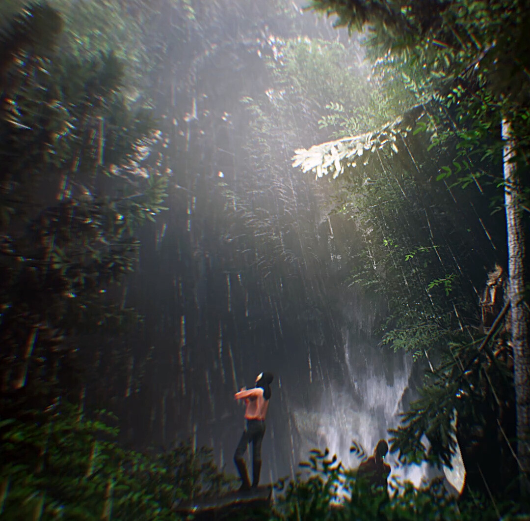 ArtStation - Around the forest's waterfall (raining day)