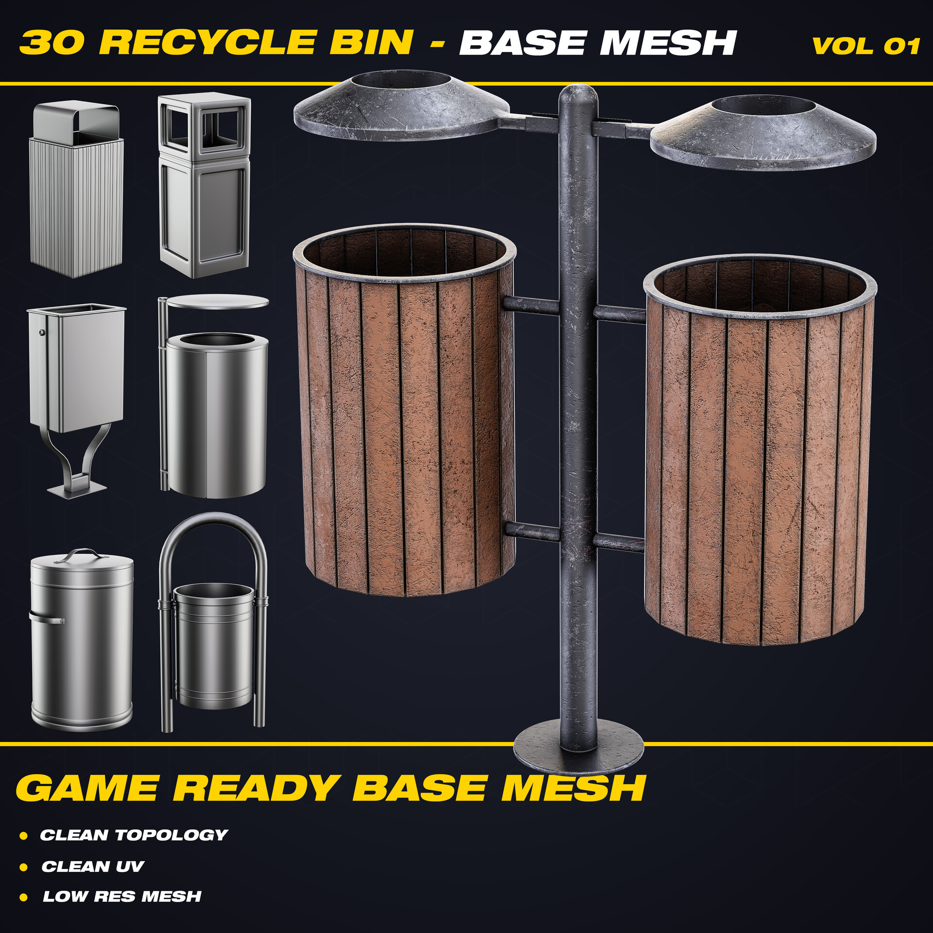ArtStation - 30 Recycle Bin Base Mesh - VOL 01 ( Game Ready )