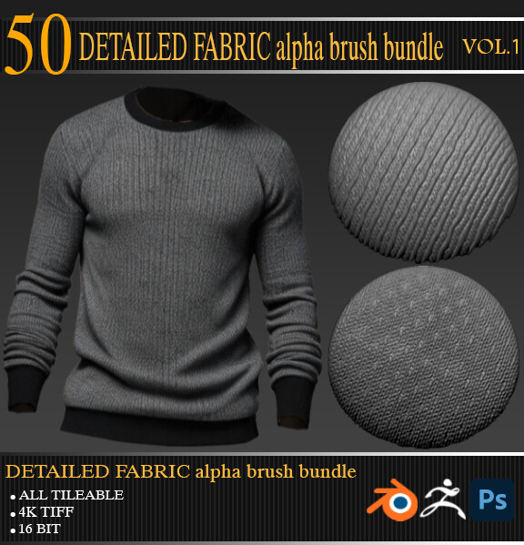 ArtStation - DETAILED FABRIC alpha brush bundle (tilable 4k tiff16bit)
