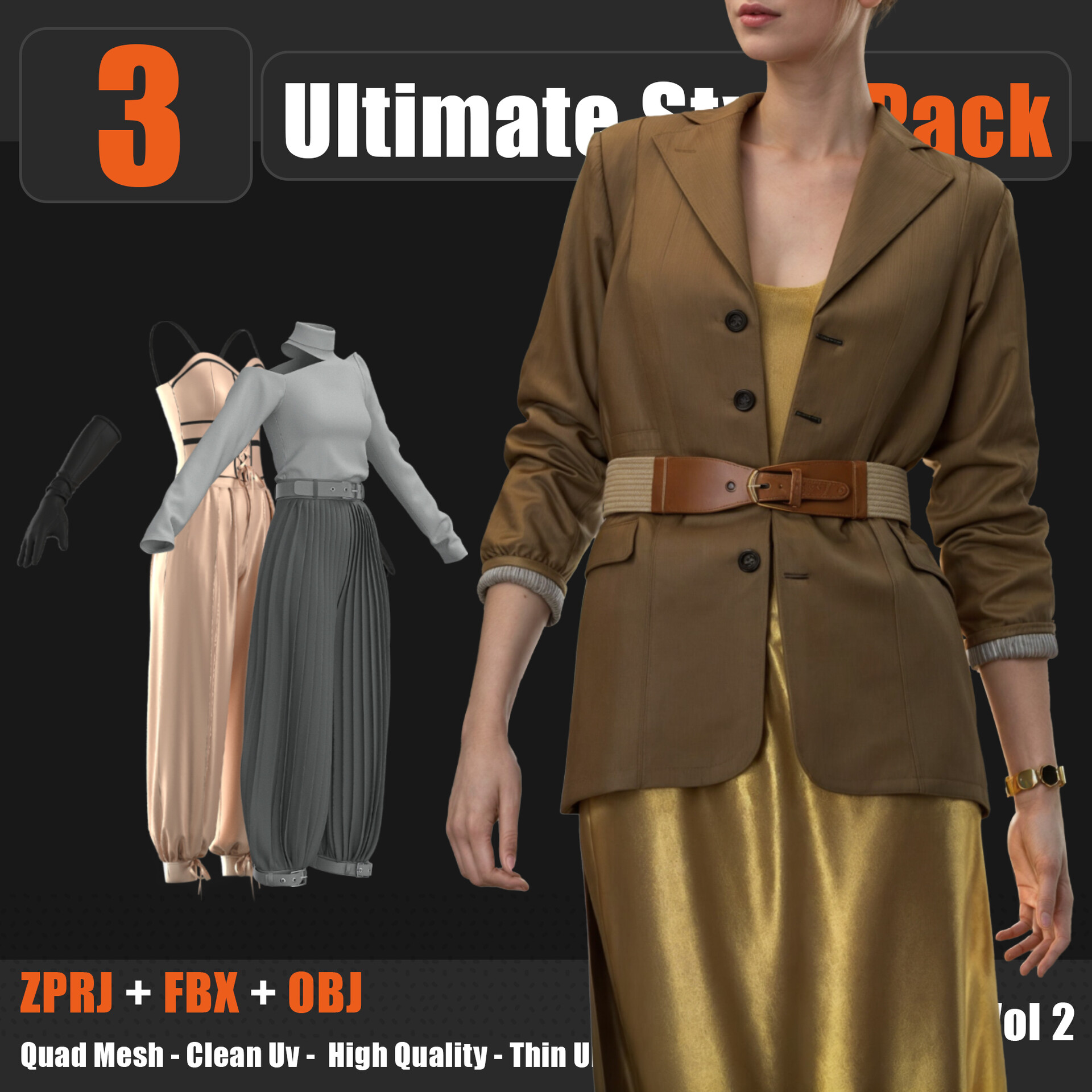 ArtStation - 3 Ultimate Style Pack Vol 2 (MARVELOUS DESIGNER AND CLO3D : ZPRJ, OBJ, FBX,Clean UV)