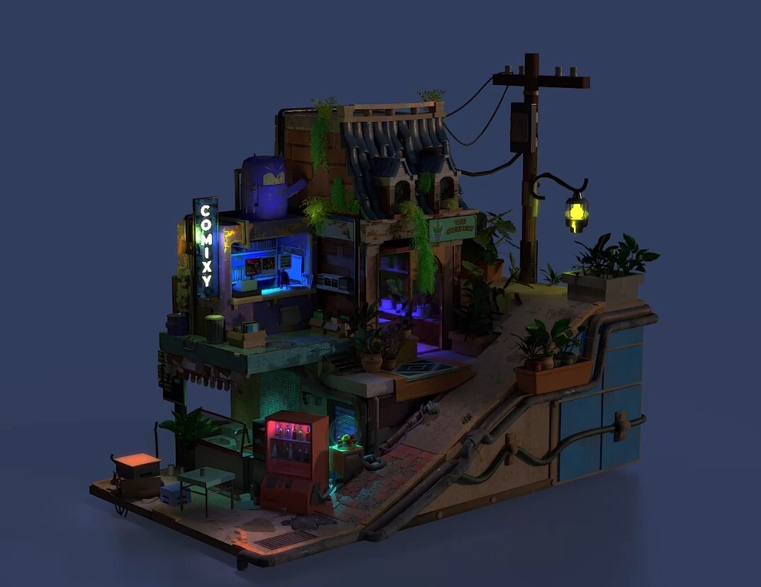 Marvin Supan - Stylized Diorama - Multi-Level Shops - From 2D Concept to 3D