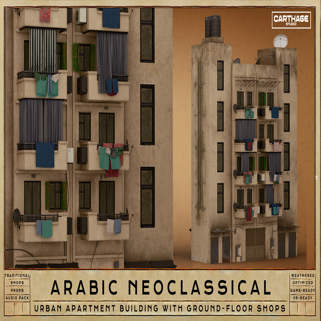 ArtStation - Arabic Neoclassical Apartment Building with Ground-Floor Shops