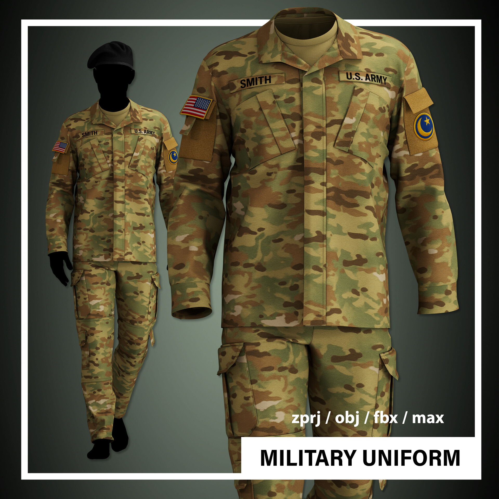 ArtStation - MILITARY UNIFORM-U.S. ARMY STYLE WITH BERET (CLO3D, MD ...